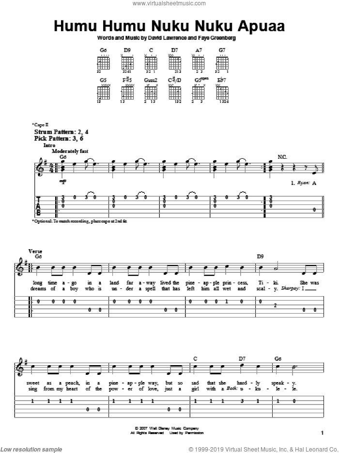 Humu Humu Nuku Nuku Apuaa sheet music for guitar solo (easy tablature)