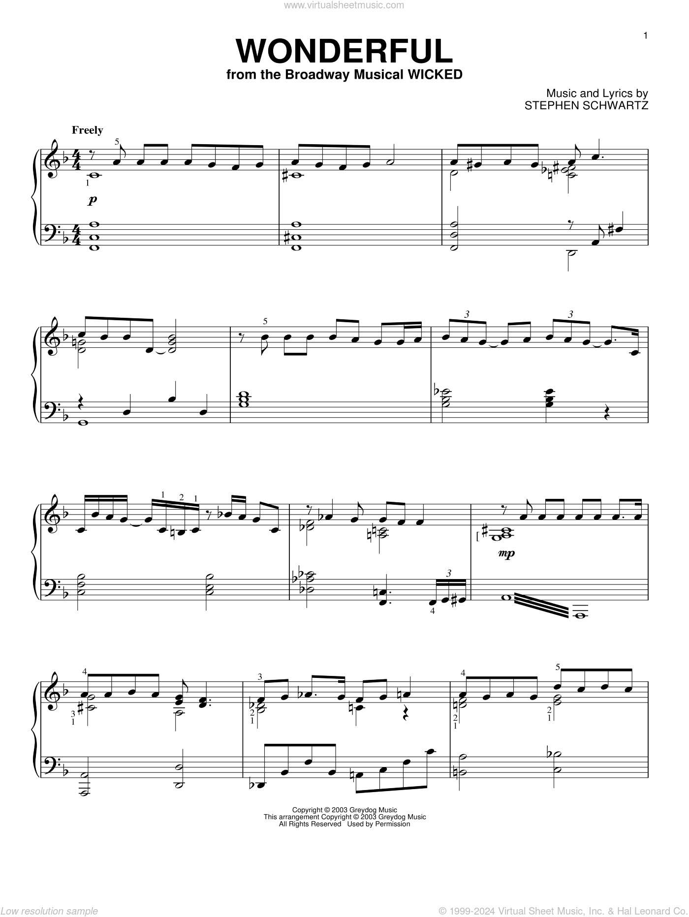 Wonderful (from Wicked), (intermediate) sheet music for piano solo