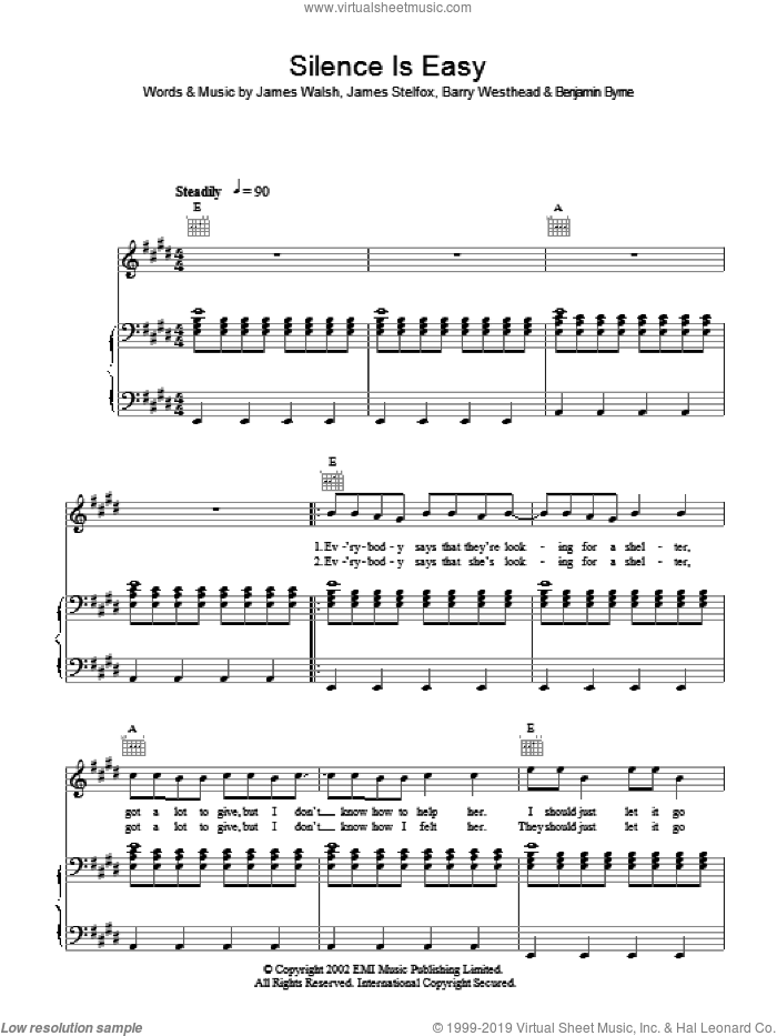 Silence Is Easy sheet music for voice, piano or guitar (PDF)