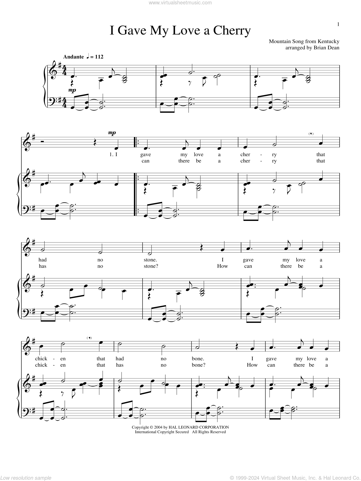 I Gave My Love A Cherry (The Riddle Song) sheet music for voice and piano