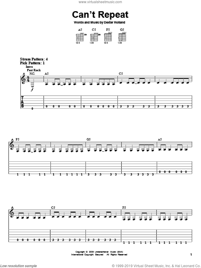 Can't Repeat sheet music for guitar solo (easy tablature) (PDF)
