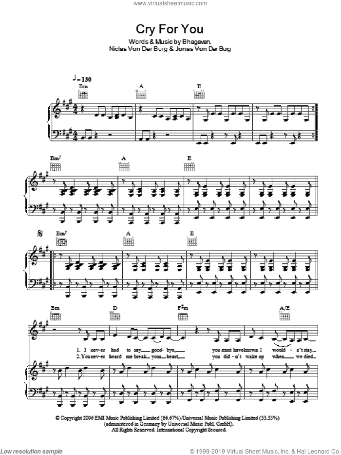 Cry For You sheet music for voice, piano or guitar (PDF)