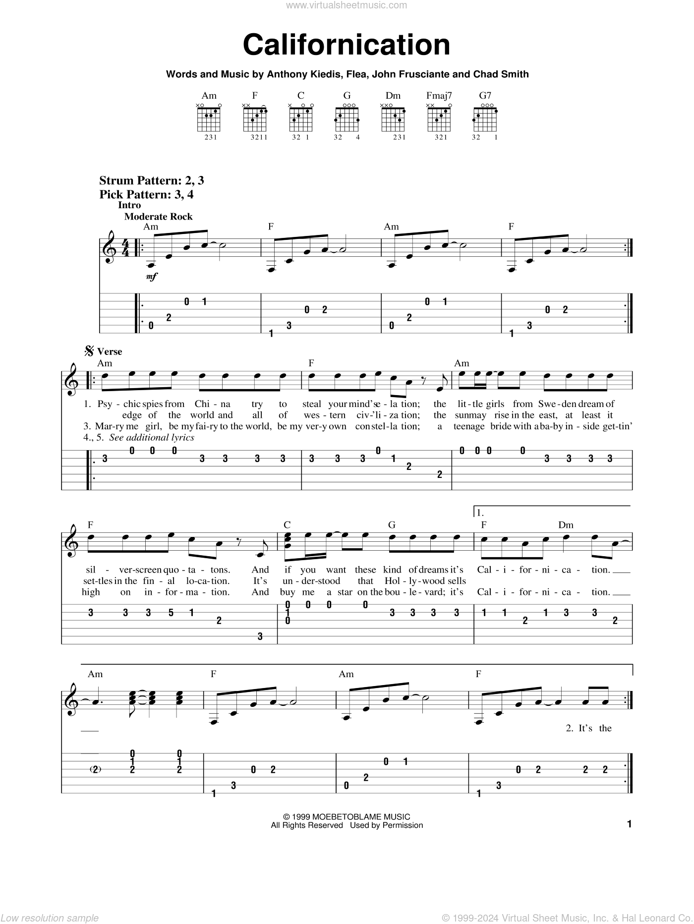 Californication, (easy) sheet music for guitar solo (easy tablature)