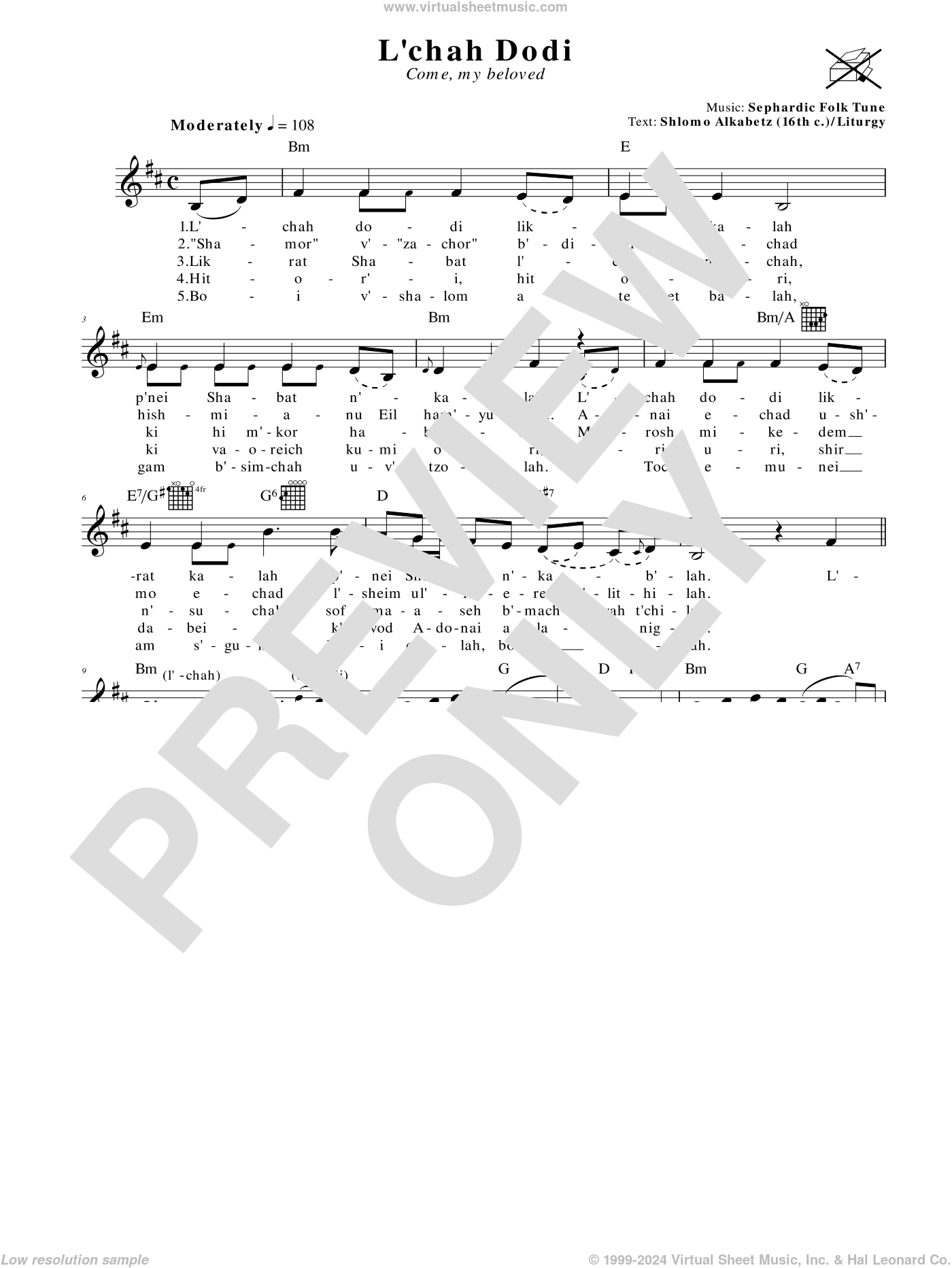 L'chah Dodi (Come, My Beloved) sheet music (fake book) (PDF)