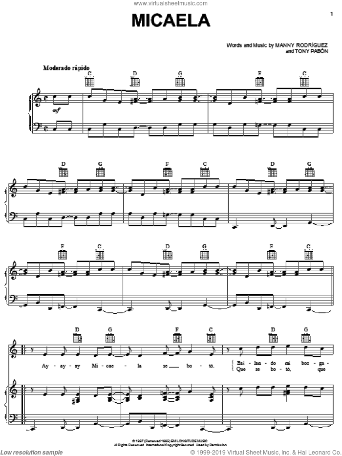 Micaela sheet music for voice, piano or guitar (PDF-interactive)