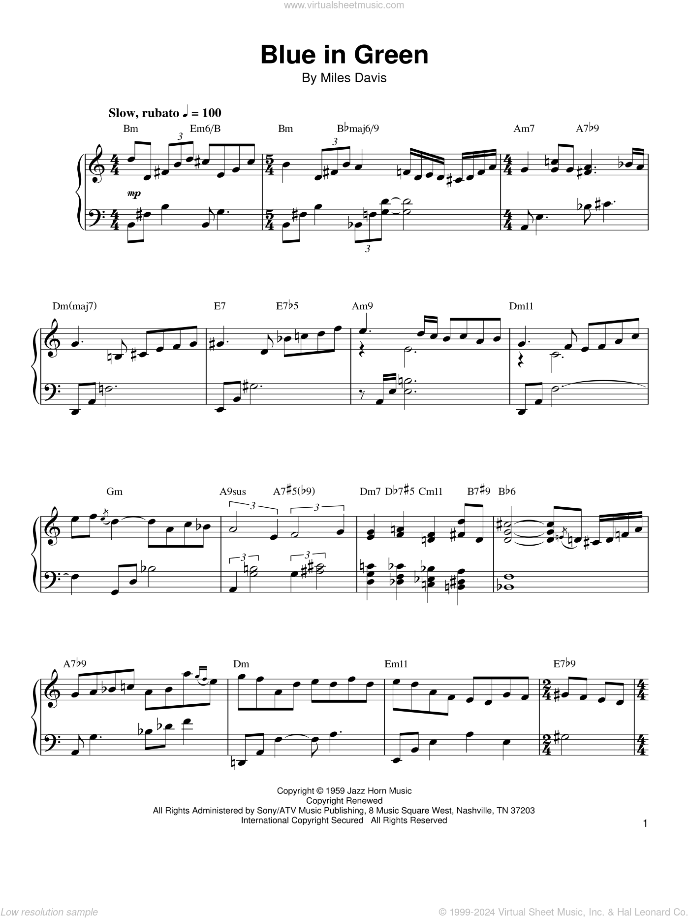 Blue In Green sheet music for piano solo (transcription) (PDF)