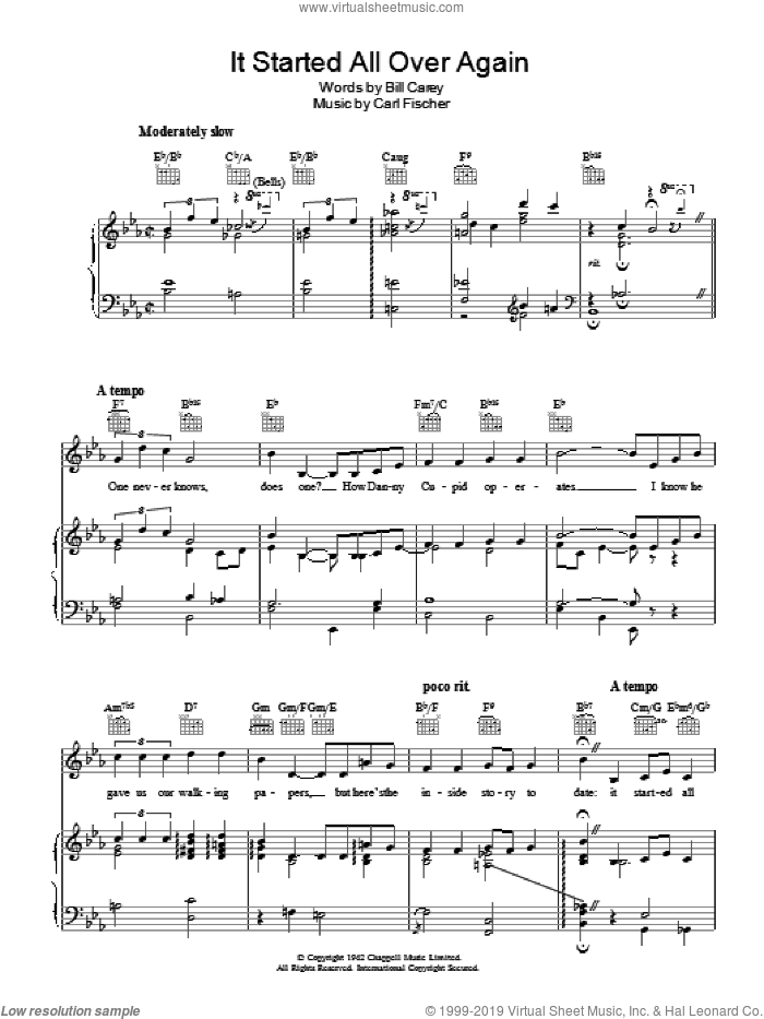 It Started All Over Again sheet music for voice, piano or guitar