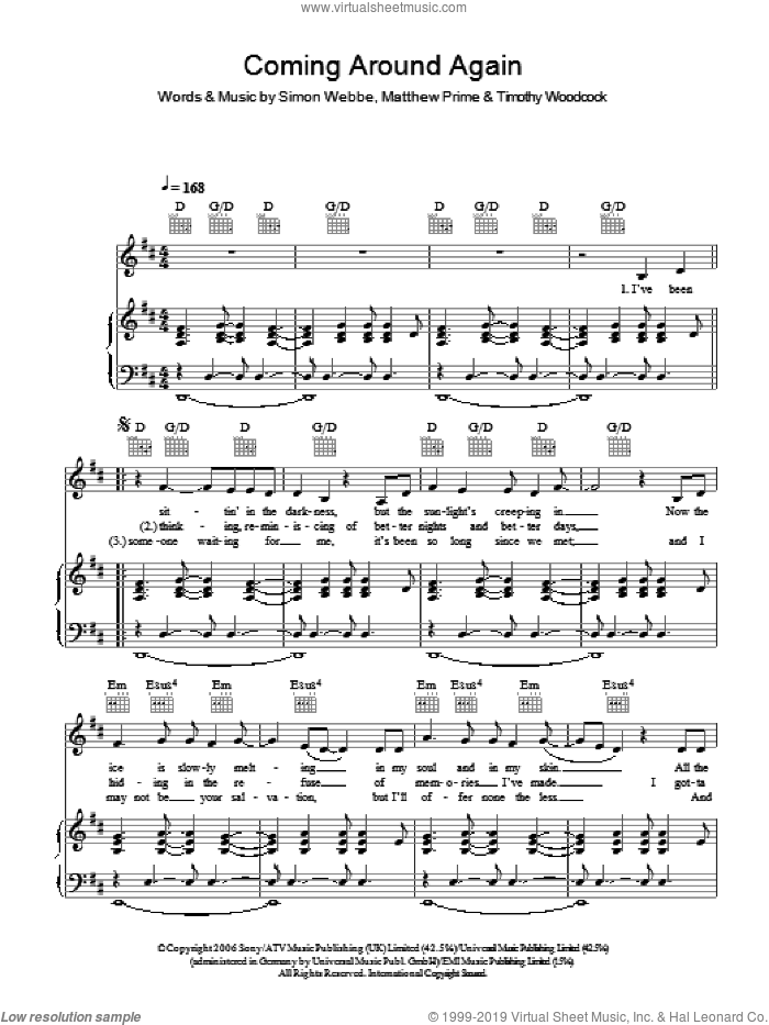 Coming Around Again sheet music for voice, piano or guitar (PDF)