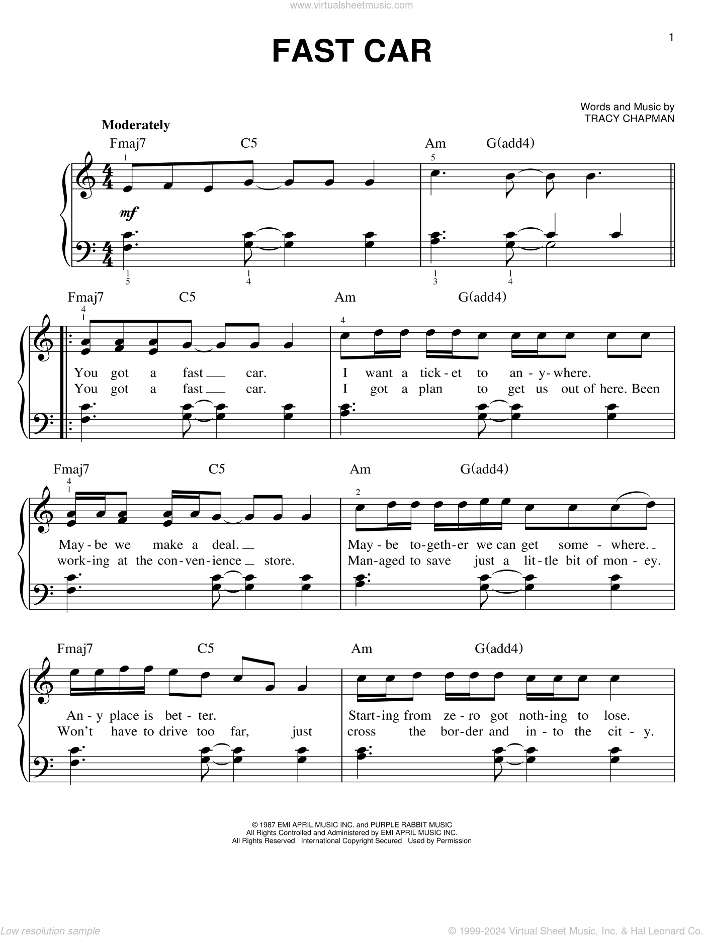 Fast Car sheet music (easy) for piano solo (PDF-interactive)