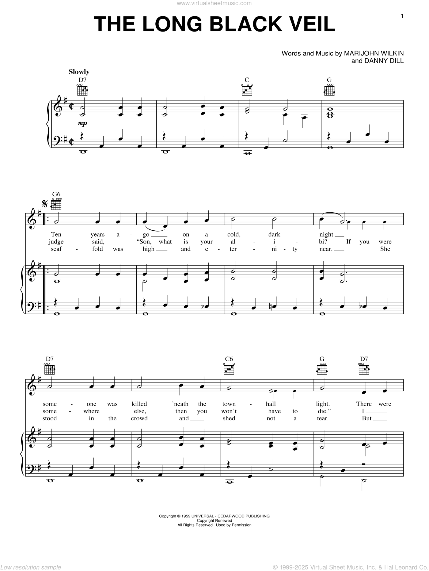 The Long Black Veil sheet music for voice, piano or guitar (PDF)