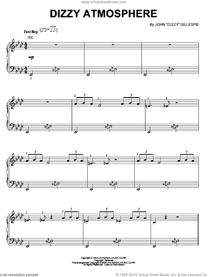 Dizzy Atmosphere sheet music for piano solo (PDF-interactive)