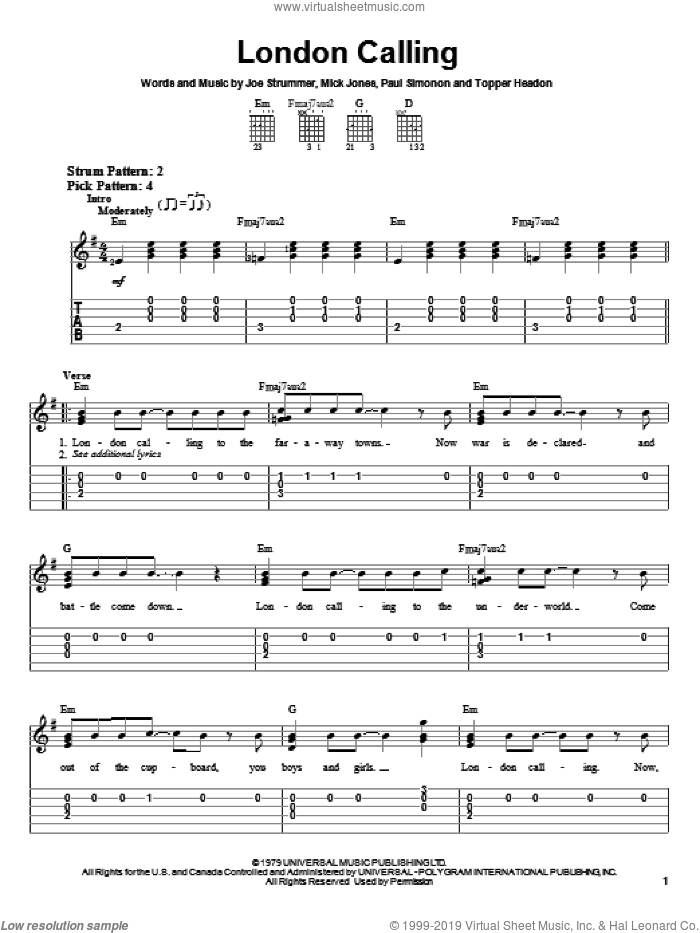 London Calling sheet music for guitar solo (easy tablature) (PDF)