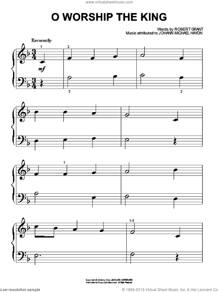 O Worship The King, (beginner) sheet music for piano solo (PDF)