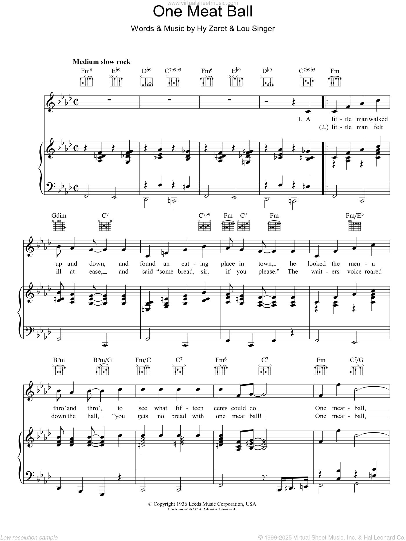 One Meat Ball sheet music for voice, piano or guitar (PDF)