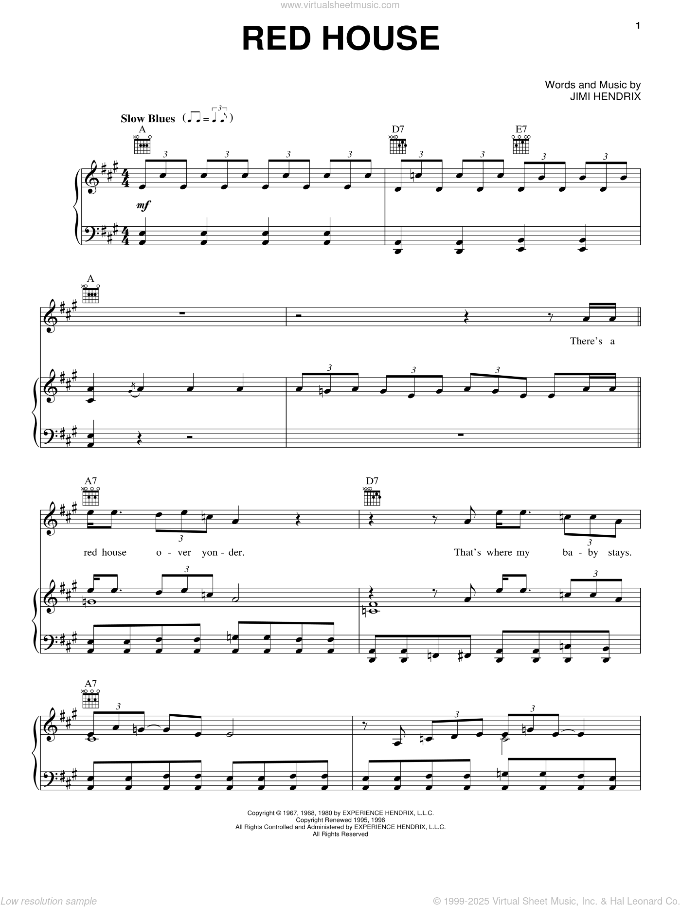 Red House sheet music for voice, piano or guitar (PDF)