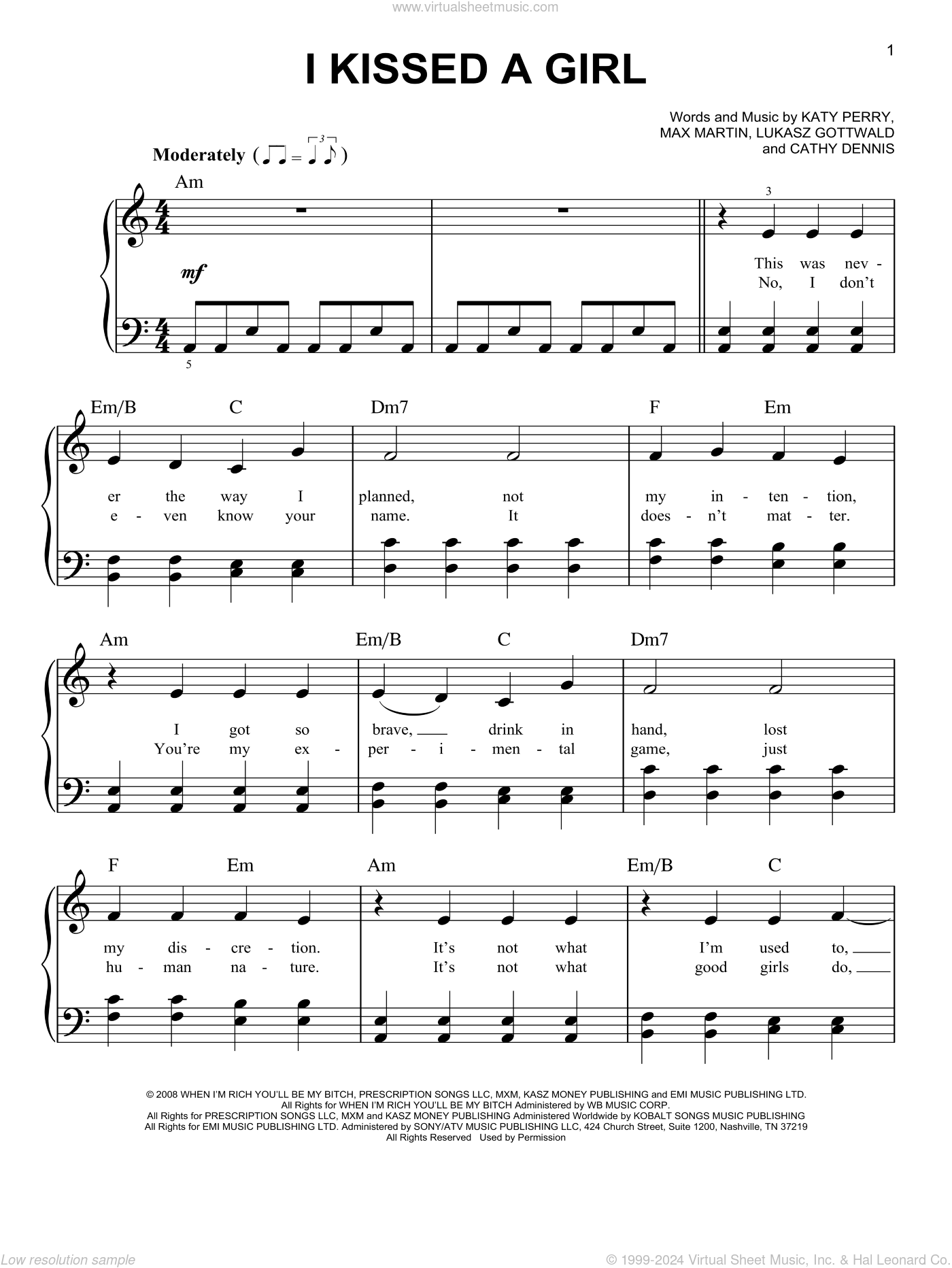 I Kissed A Girl sheet music (easy) for piano solo (PDF)