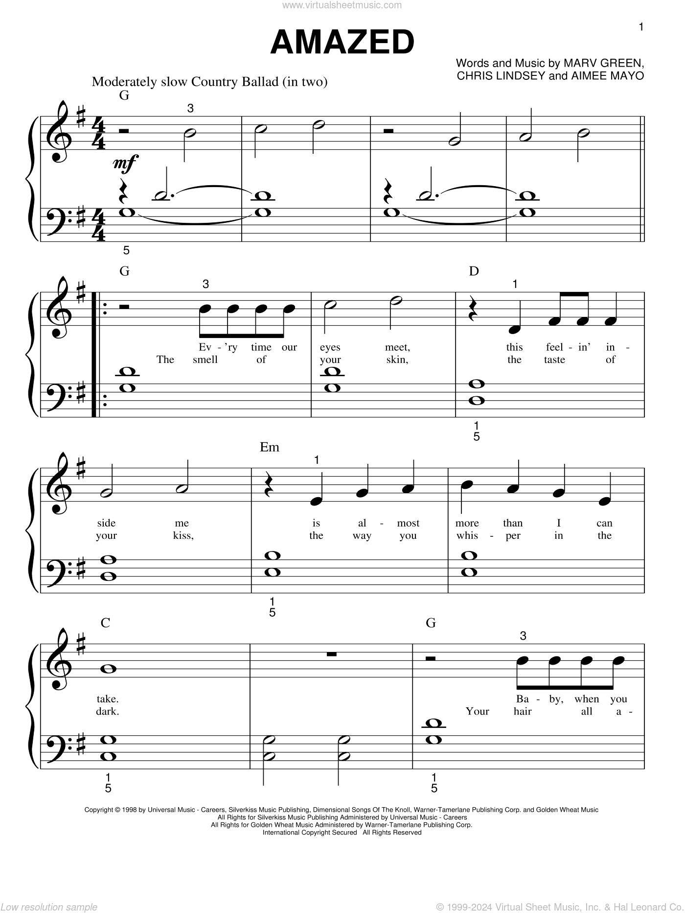 Amazed sheet music for piano solo (big note book) (PDF)