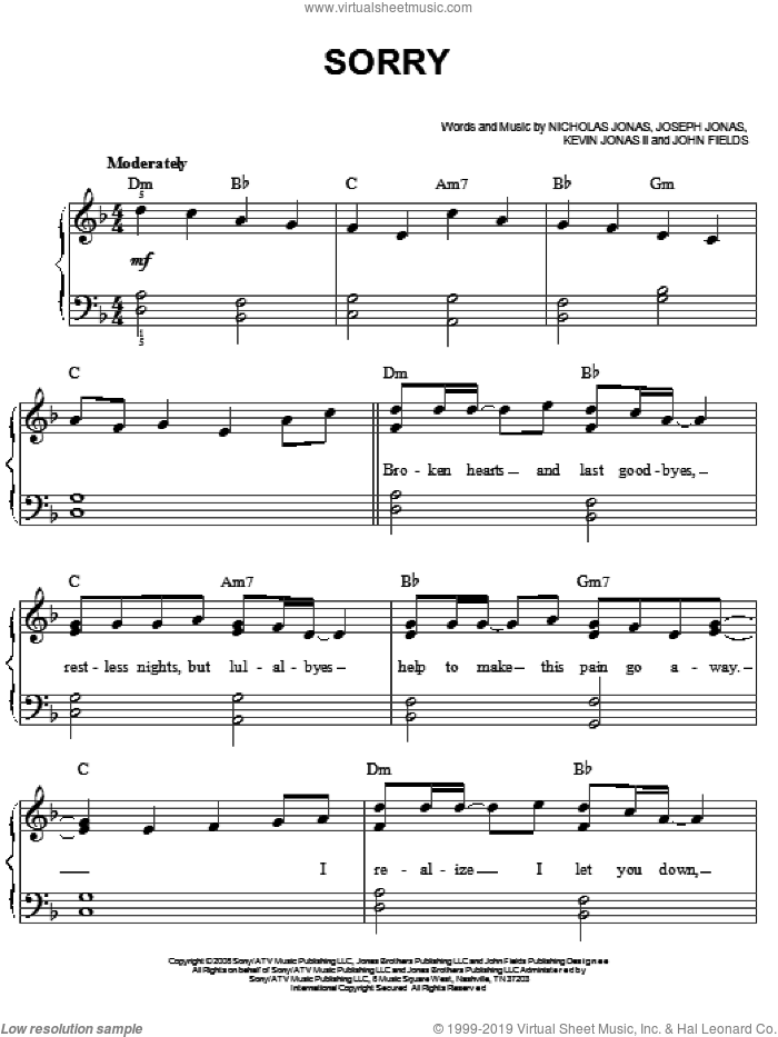 Jonas Brothers: Sorry sheet music for piano solo (PDF)