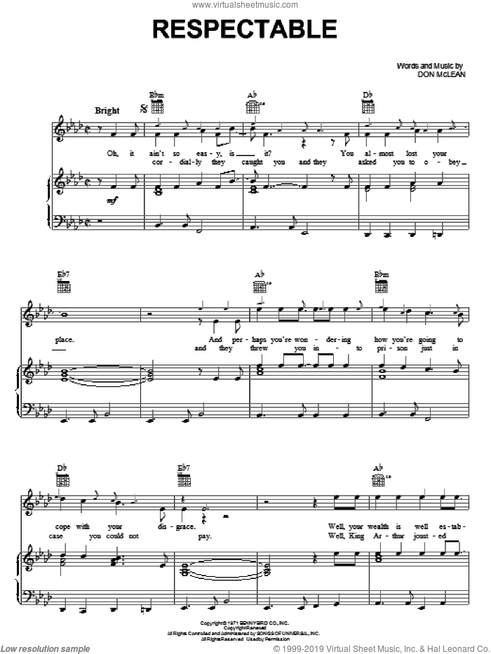 Respectable sheet music for voice, piano or guitar (PDF)