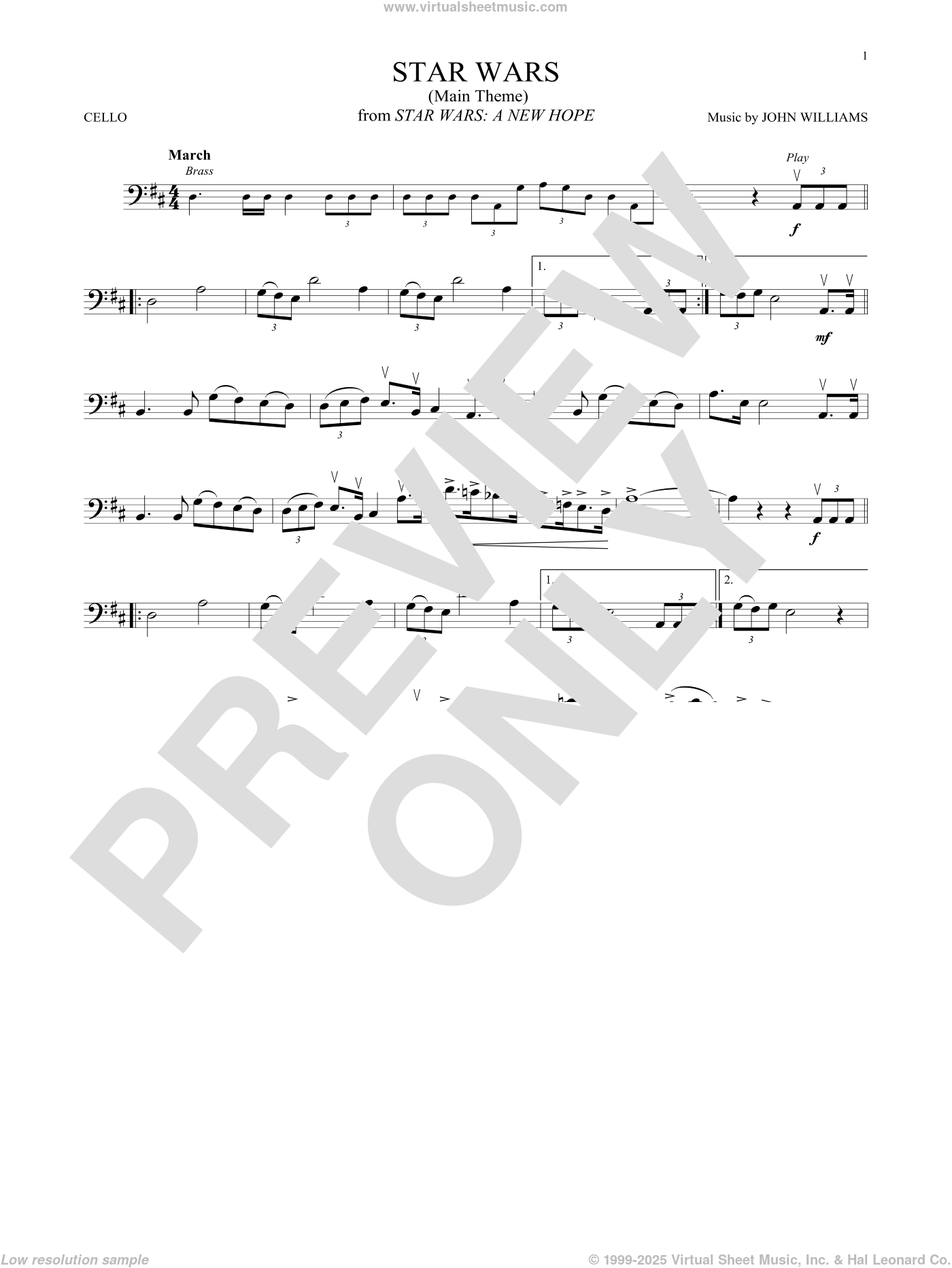 Star Wars (Main Theme) sheet music for cello solo (PDF)
