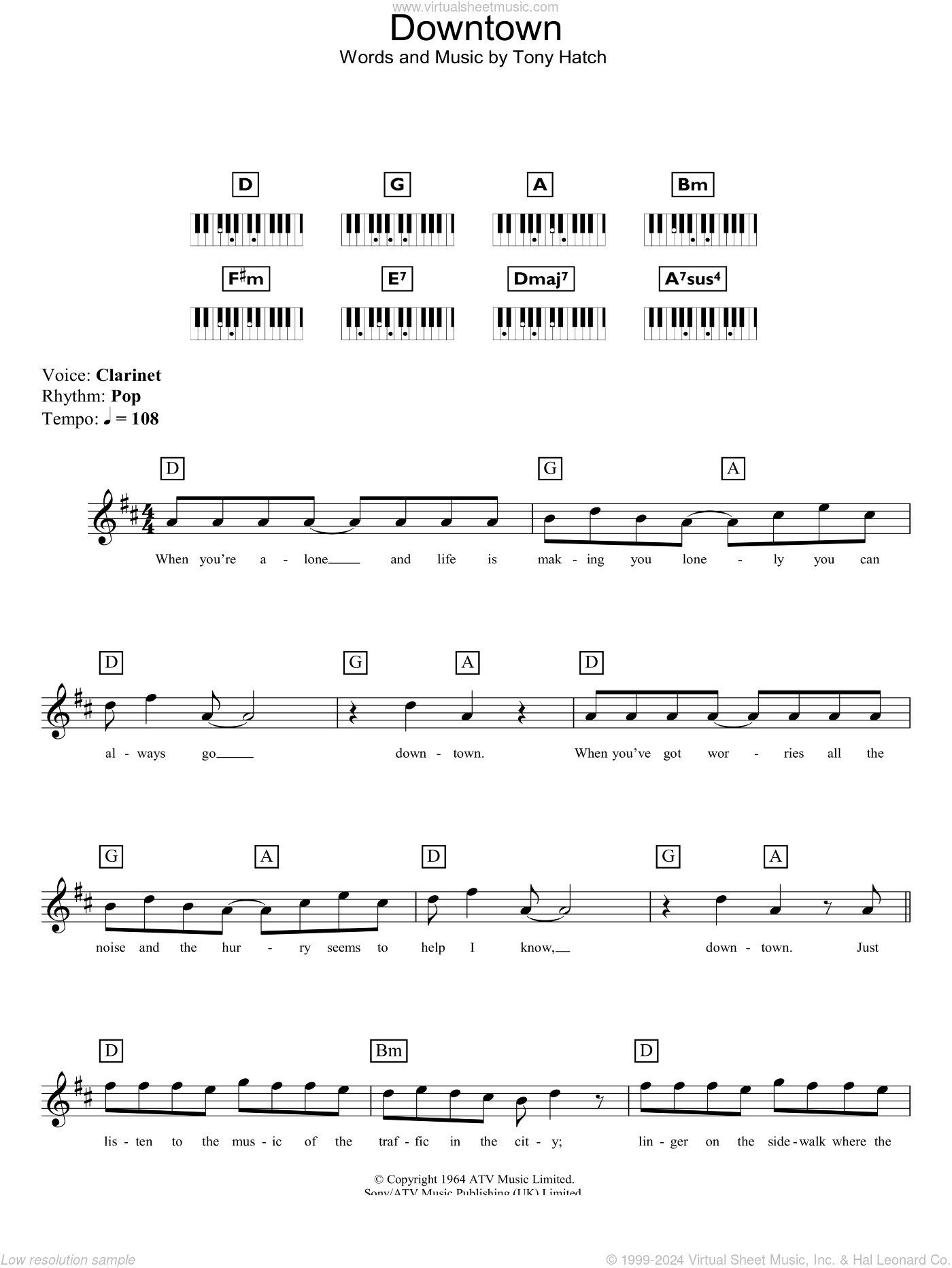 Downtown sheet music (intermediate) for piano solo (chords, lyrics, melody)