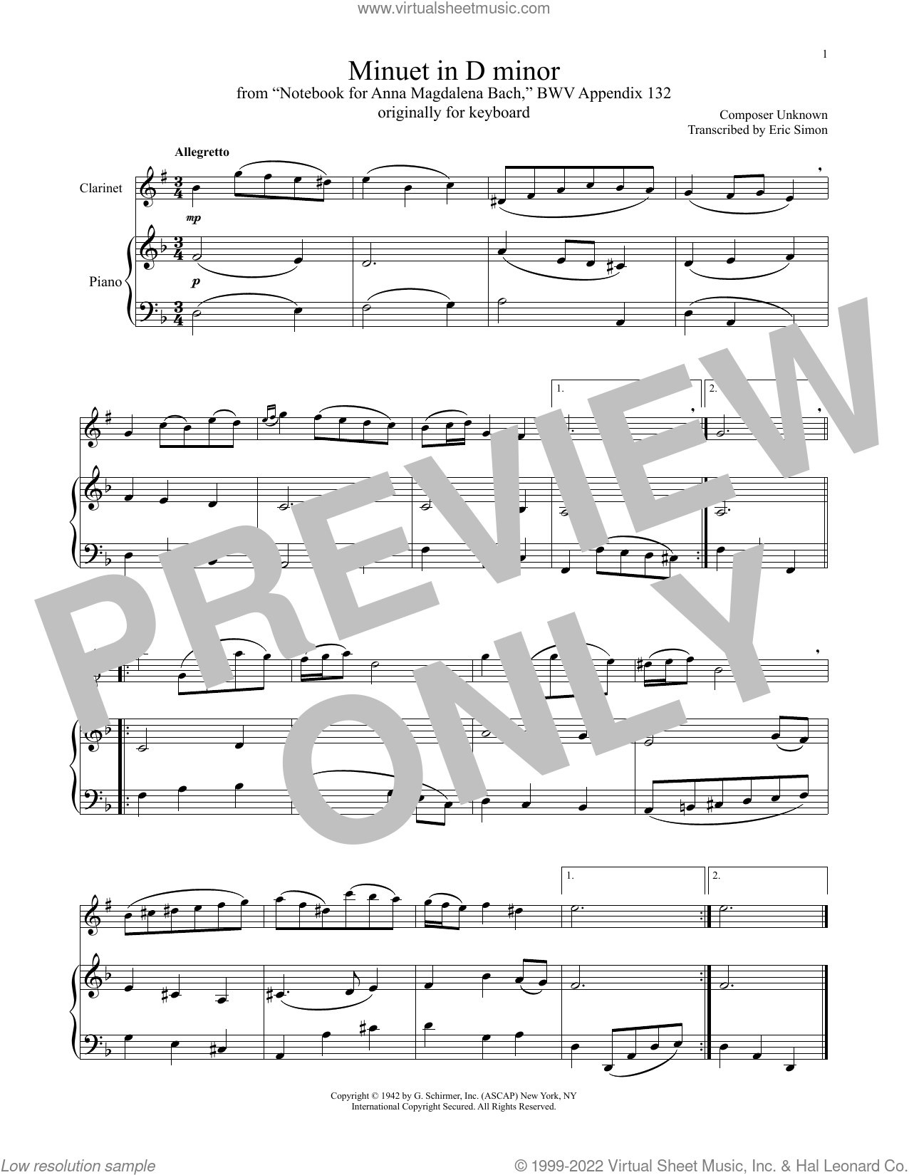 Minuet In D Minor, BWV Appendix 132 sheet music for clarinet and piano
