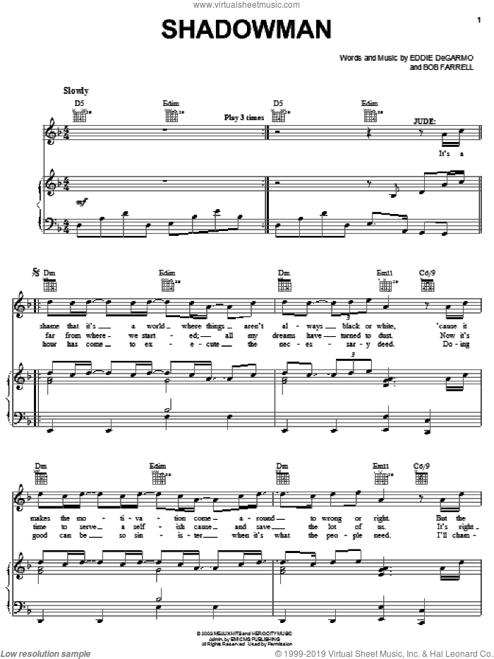 Shadowman sheet music for voice, piano or guitar (PDF)