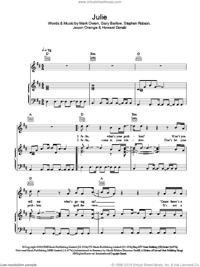 Take That: Julie sheet music for voice, piano or guitar (PDF)