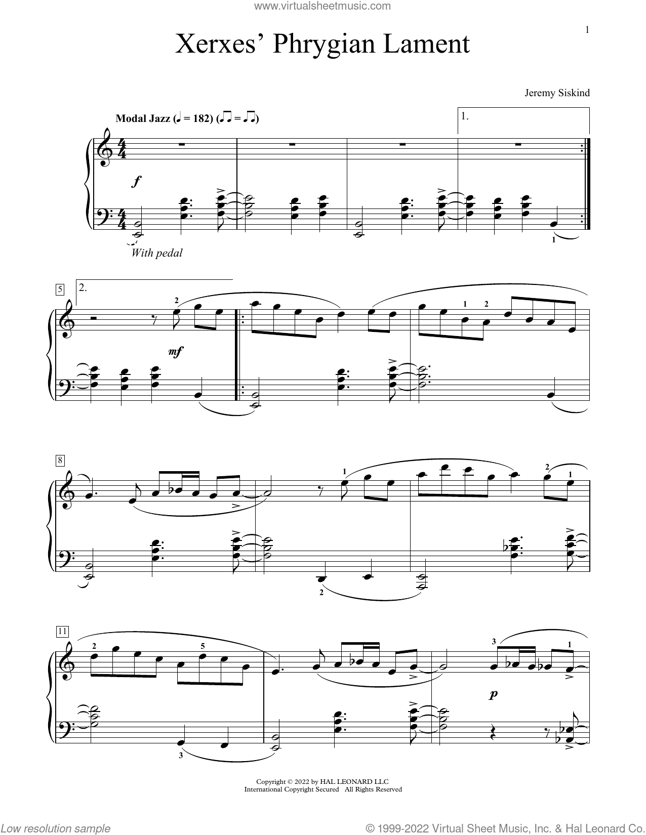 Xerxes' Phrygian Lament sheet music for piano solo (elementary)