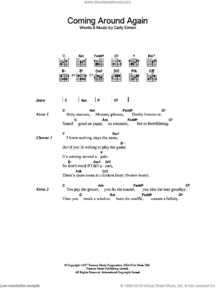 Coming Around Again sheet music for guitar (chords) v2