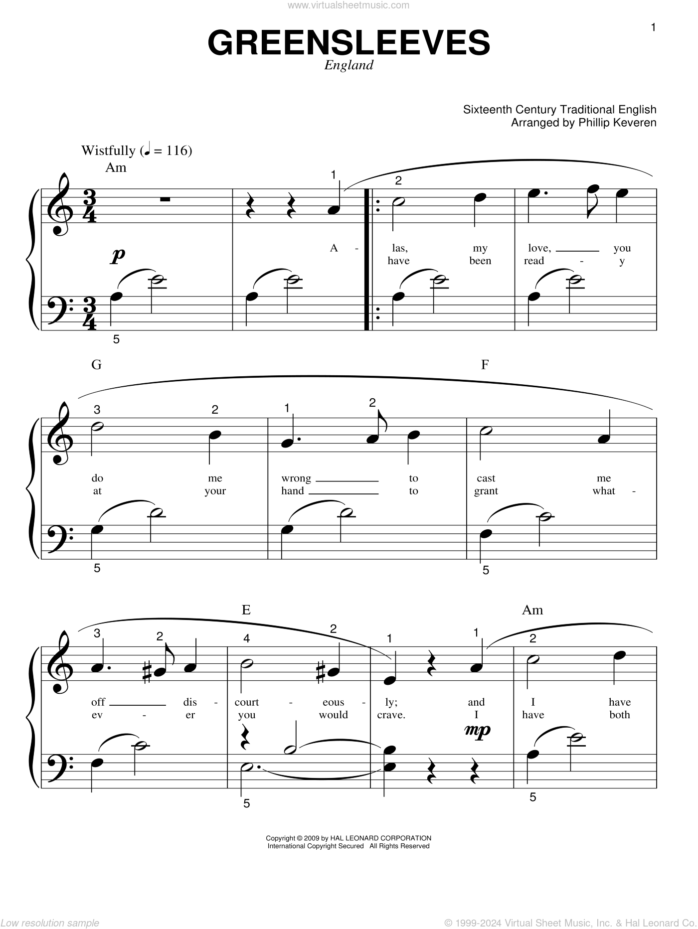 Greensleeves (arr. Phillip Keveren) sheet music for piano solo (big ...