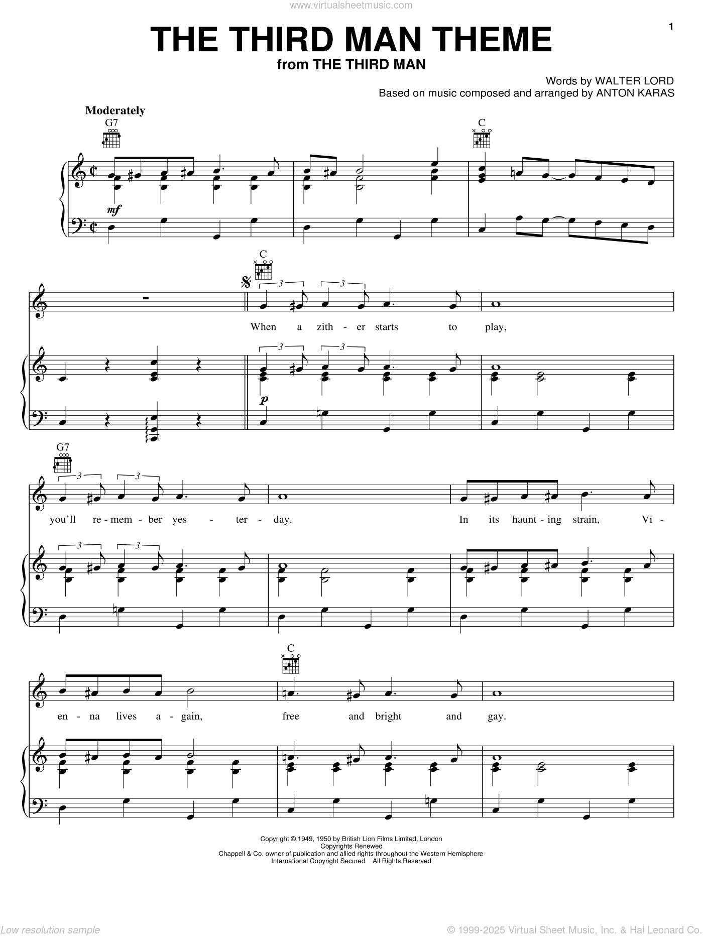 The Third Man Theme sheet music for voice, piano or guitar (PDF)
