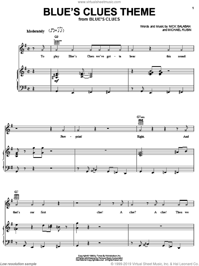 Blue's Clues Theme sheet music for voice, piano or guitar (PDF)