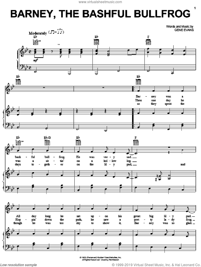 Barney, The Bashful Bullfrog sheet music for voice, piano or guitar