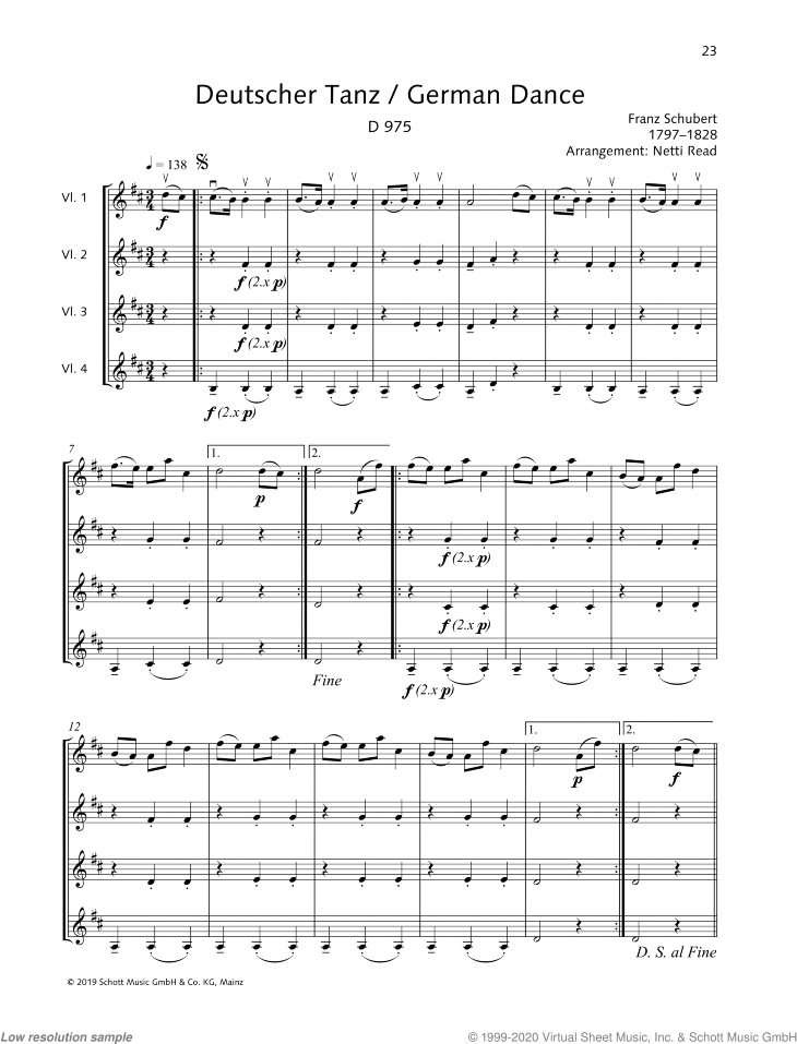 German Dance, D 975 sheet music for 3-4 violins
