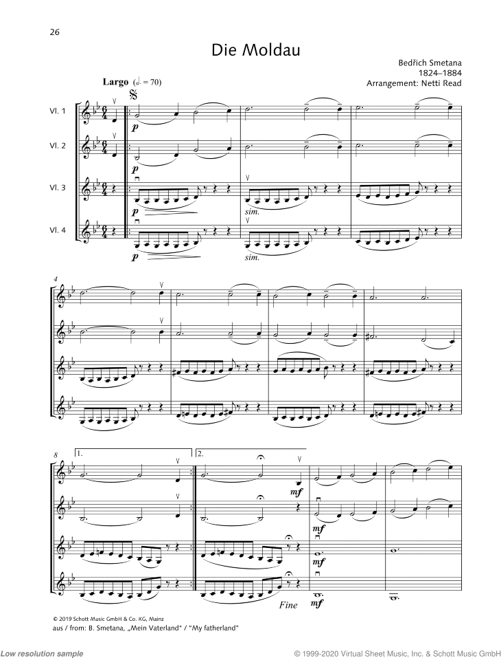 The Moldau, from: “My Fatherland” sheet music for 3-4 violins