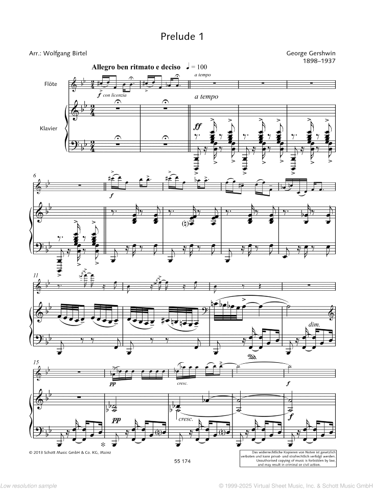 Prelude 1 sheet music (from "3 Preludes") for flute and piano